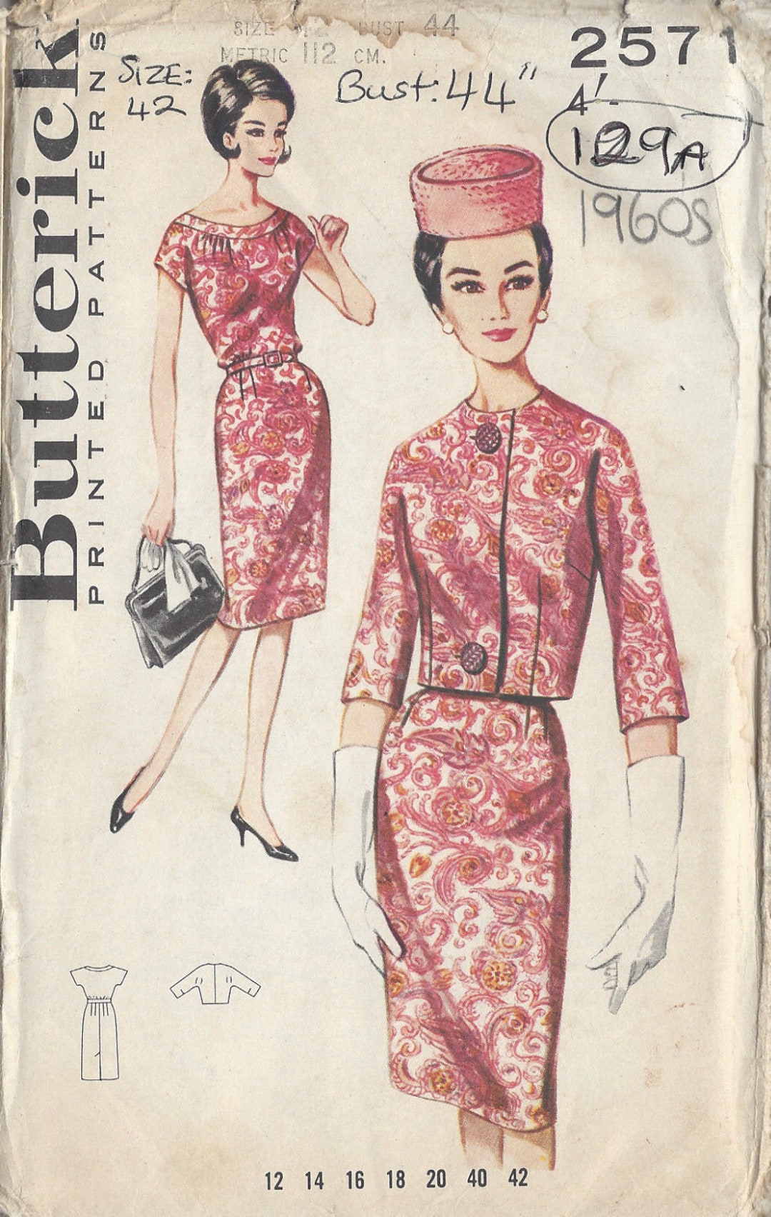 1963 Vintage Sewing Pattern B44" DRESS & JACKET (1016) Butterick 2571 ...