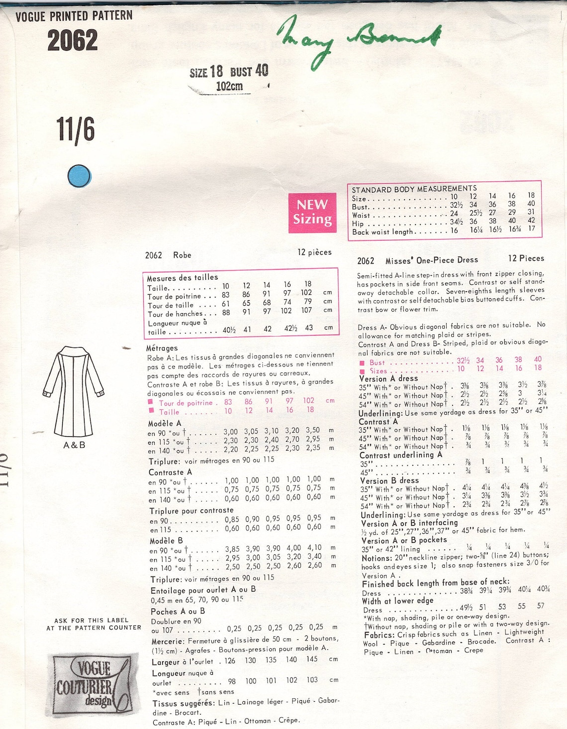 1968 Vintage VOGUE Sewing Pattern B40" One-piece DRESS (2187) by Jo ...