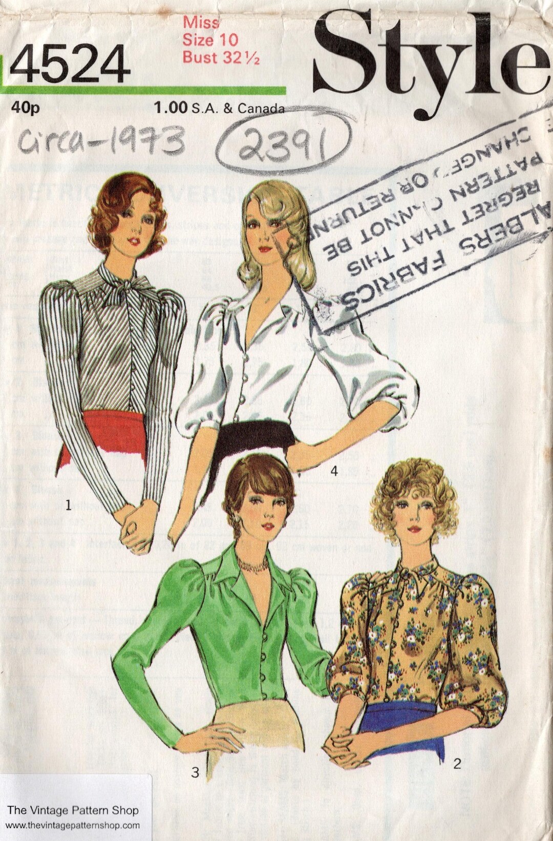 1973 Vintage Sewing Pattern B32 1/2" Blouse (2391) by Style 4524 - Etsy