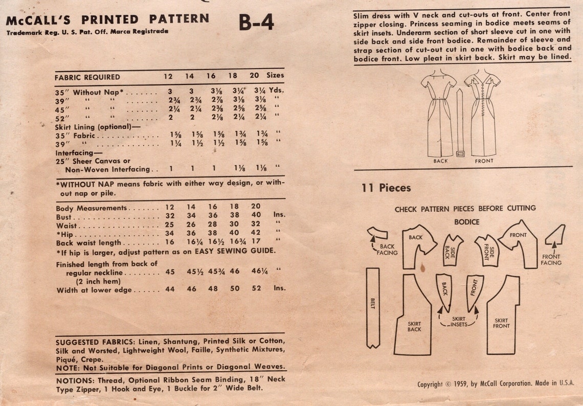 1959 Vintage Sewing Pattern B40 Inches DRESS 2148 Mccall B4 - Etsy