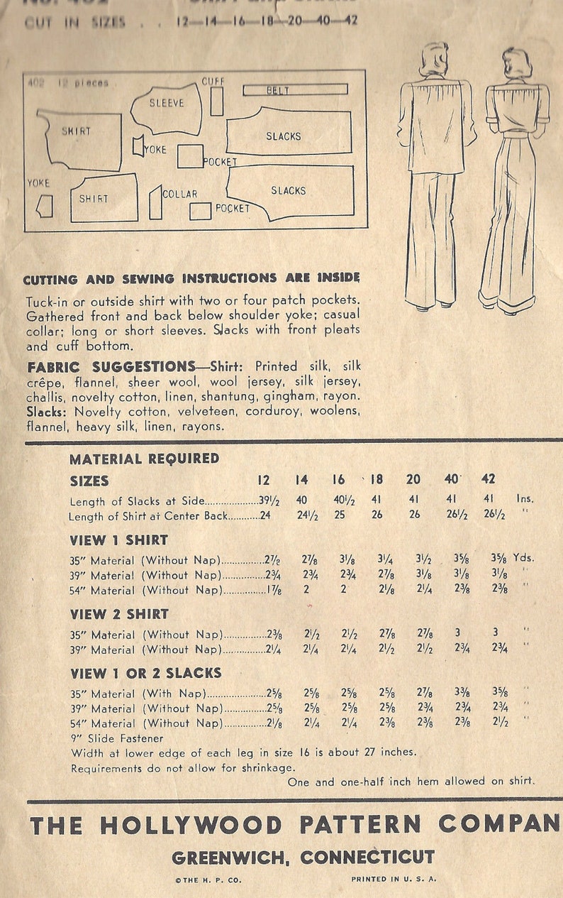 1940 WW2 Vintage Sewing Pattern B34 SHIRT & PANTS SLACKS - Etsy