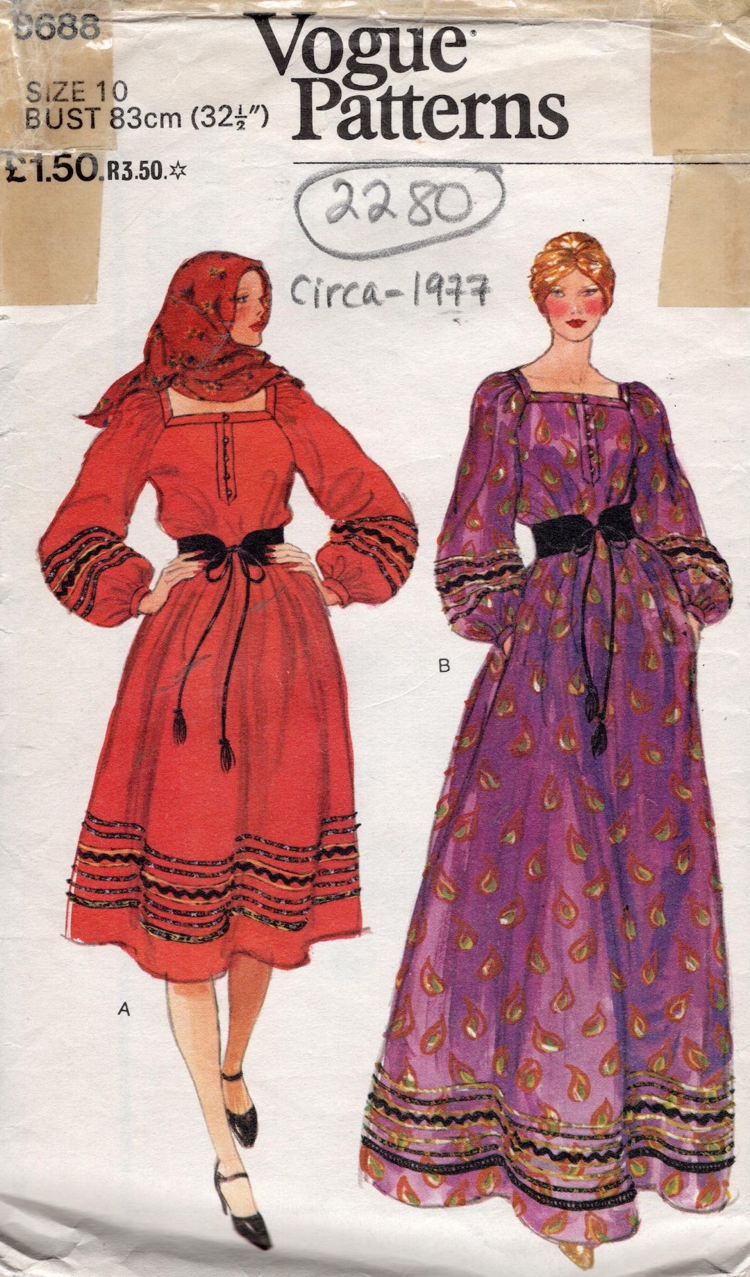 1977 Vintage VOGUE Sewing Pattern B32 1/2” DRESS & BELT (2280) Vogue ...