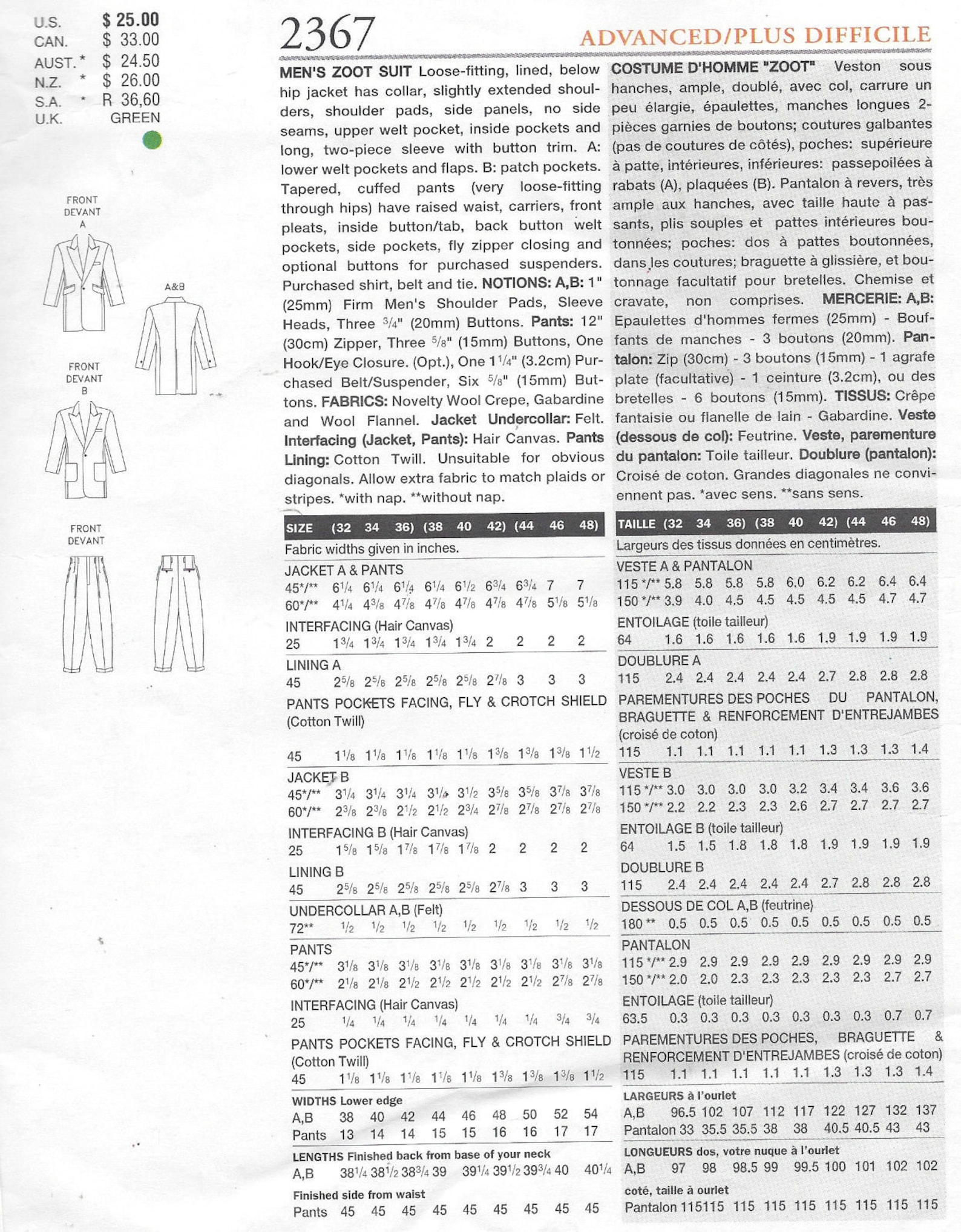 1940s Vintage VOGUE Sewing Pattern Chest 44-46-48 Men's Zoot Suit (1437 ...