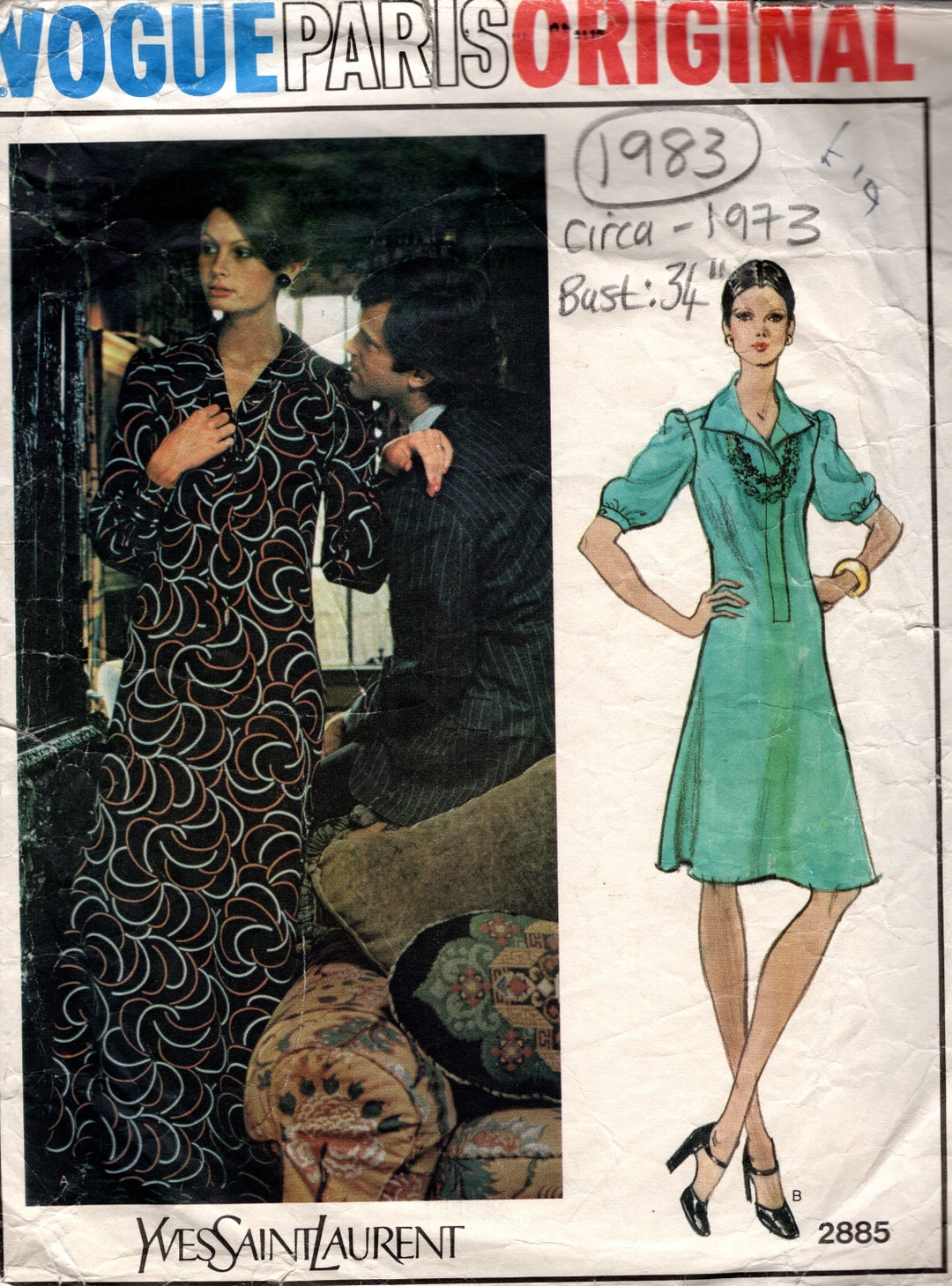 1973 Vintage VOGUE Sewing Pattern BUST: 34″ DRESS (1983) Yves Saint ...