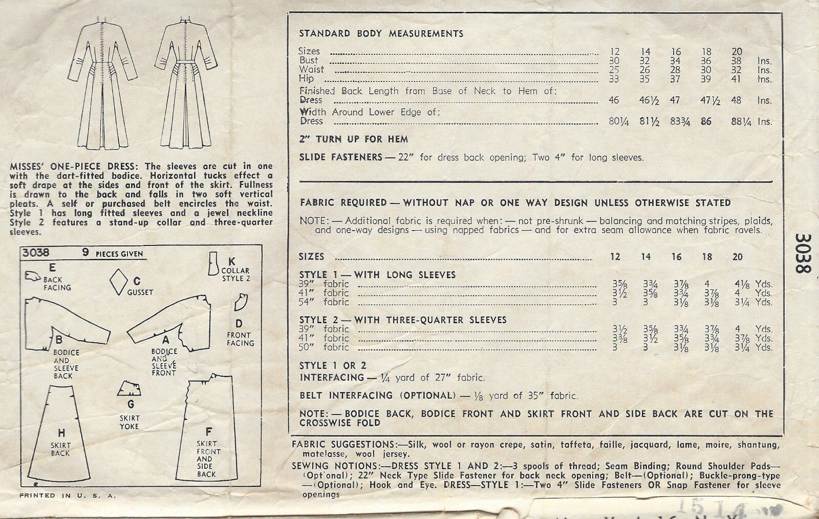 1949 Vintage Sewing Pattern B30 DRESS 1370 Simplicity 3038 - Etsy