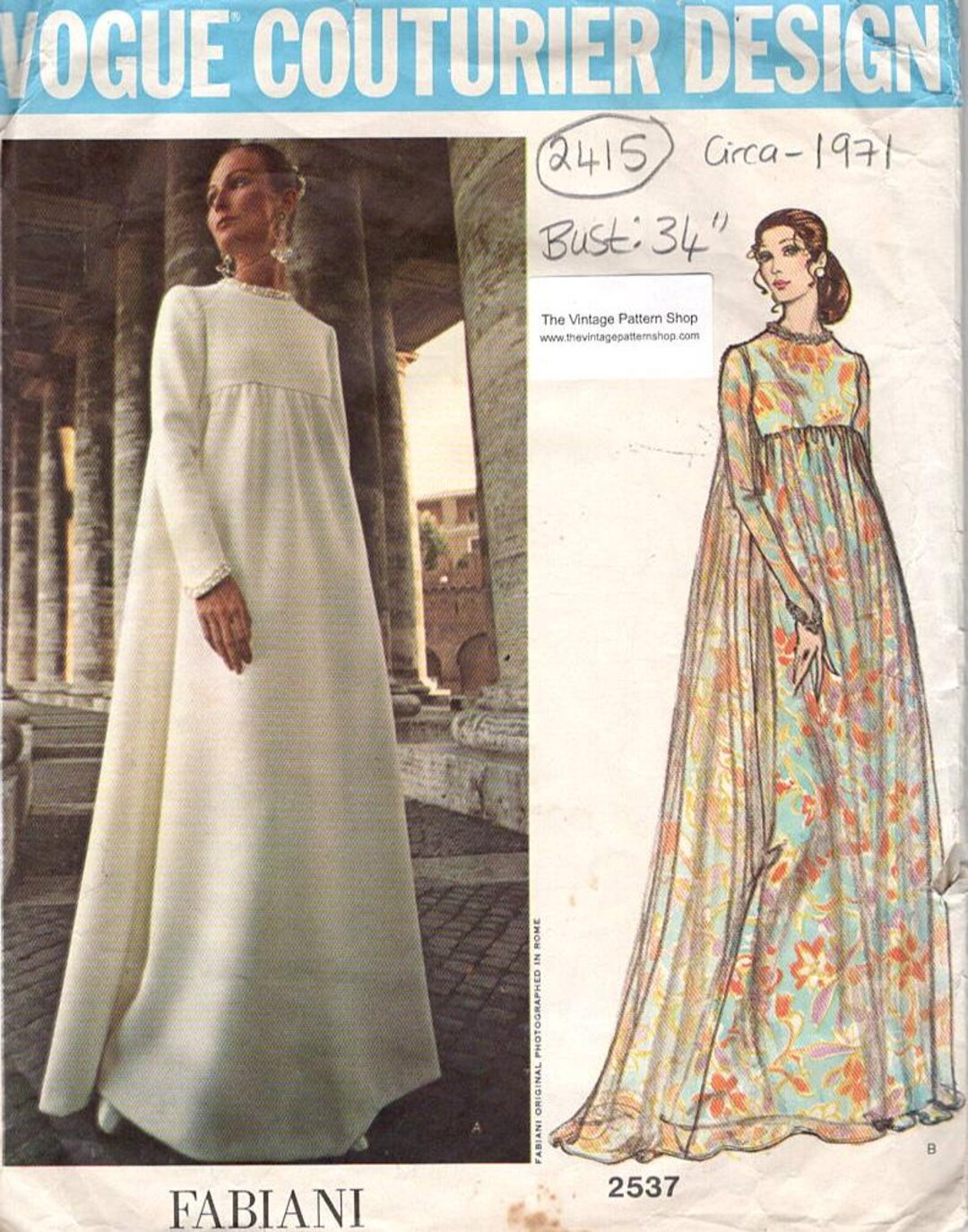 1971 Vintage VOGUE Sewing Pattern B34in EVENING Dress (2415) Fabiani of ...