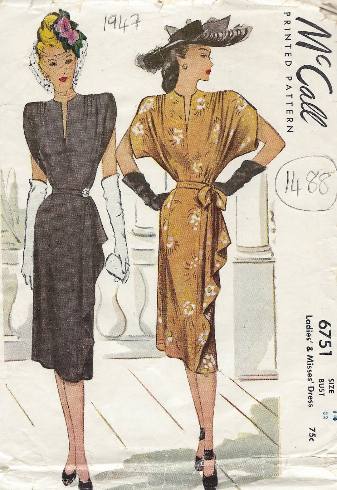 1947 Vintage Sewing Pattern B32″ DRESS (1488) by Mccall 6751 - Etsy