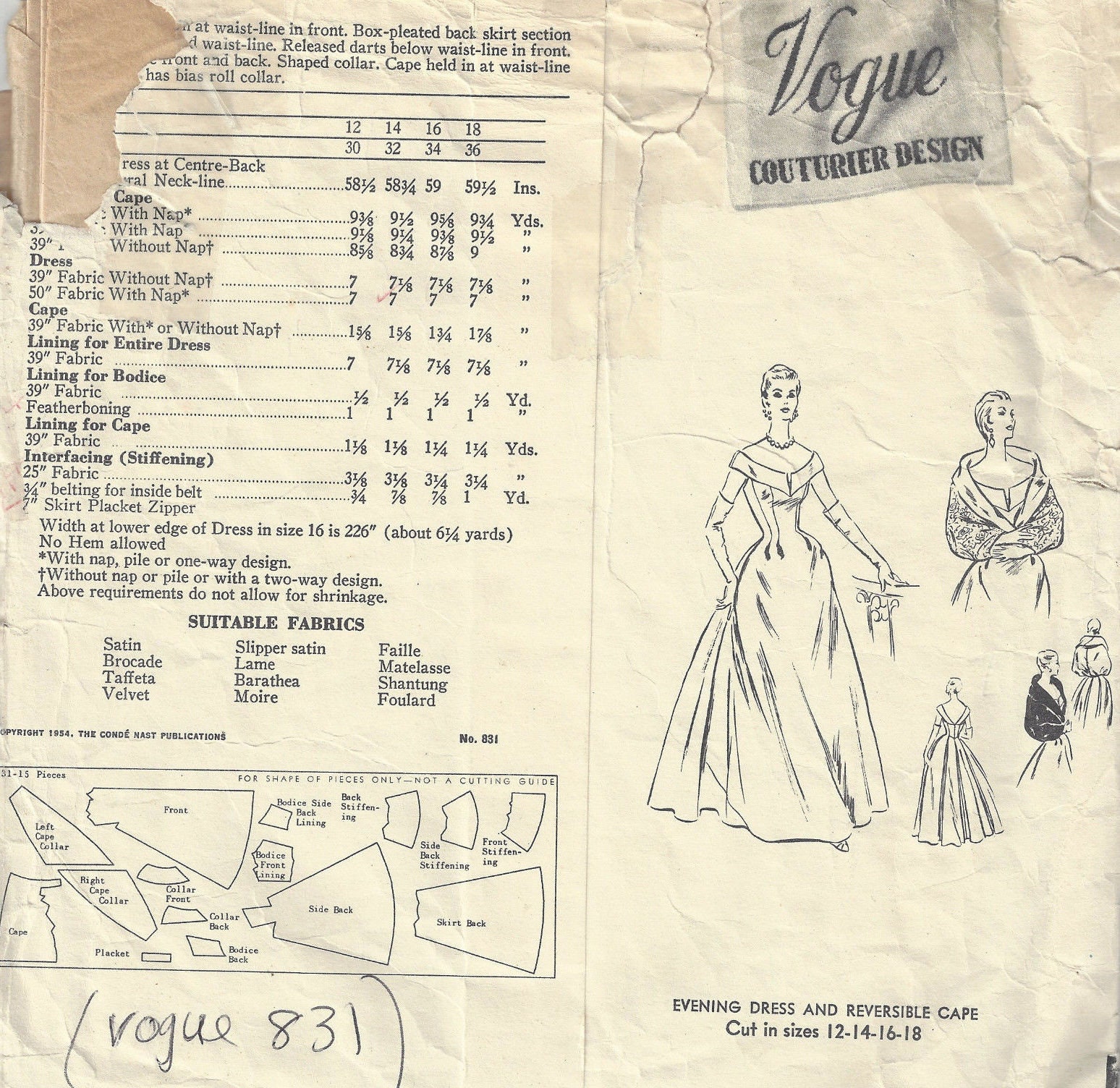 1954 Vintage VOGUE Sewing Pattern B32 Dress Evening Dress Reversible ...