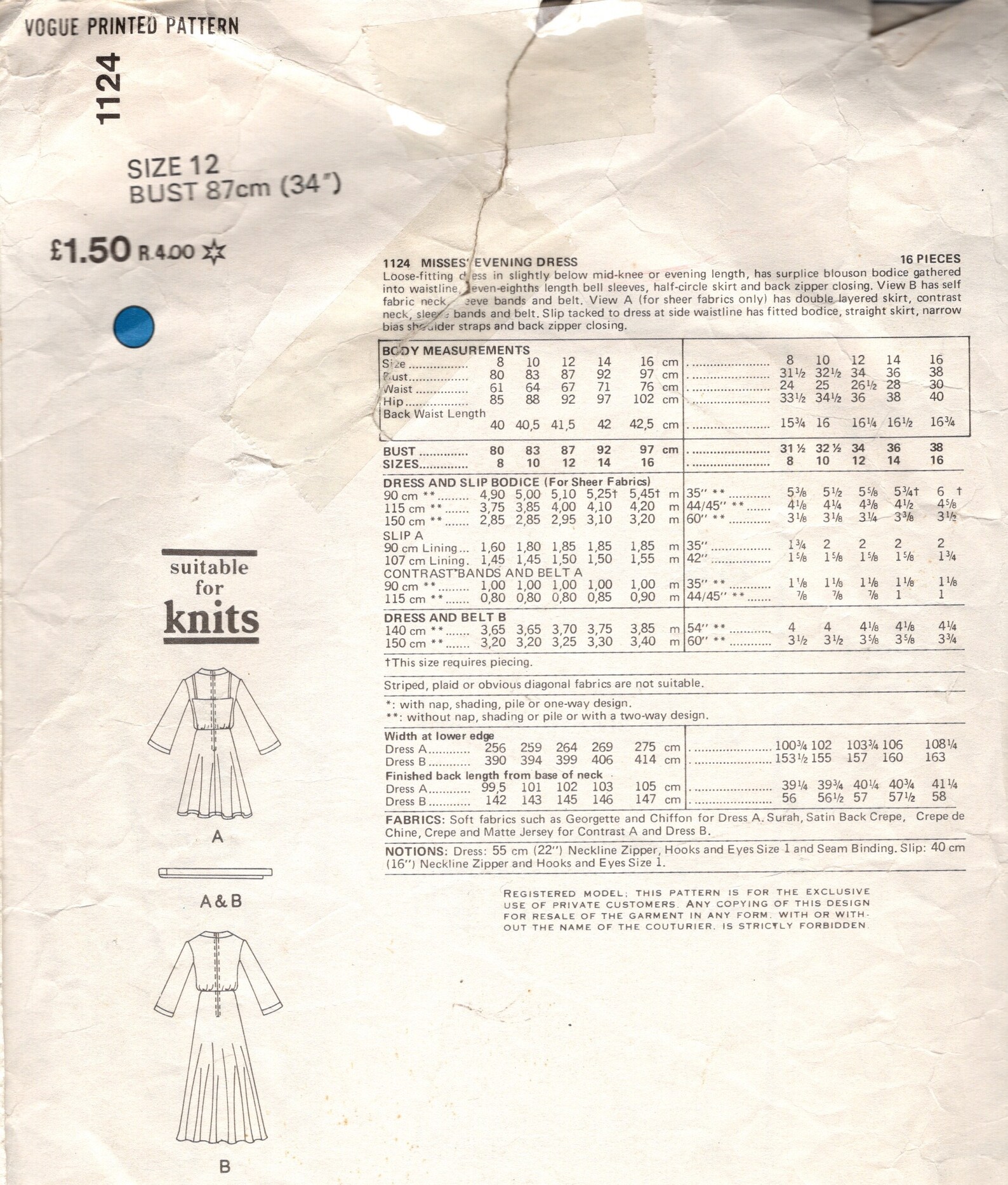 1974 Vintage VOGUE Sewing Pattern B34″ EVENING Dress (1991) Nina Ricci ...