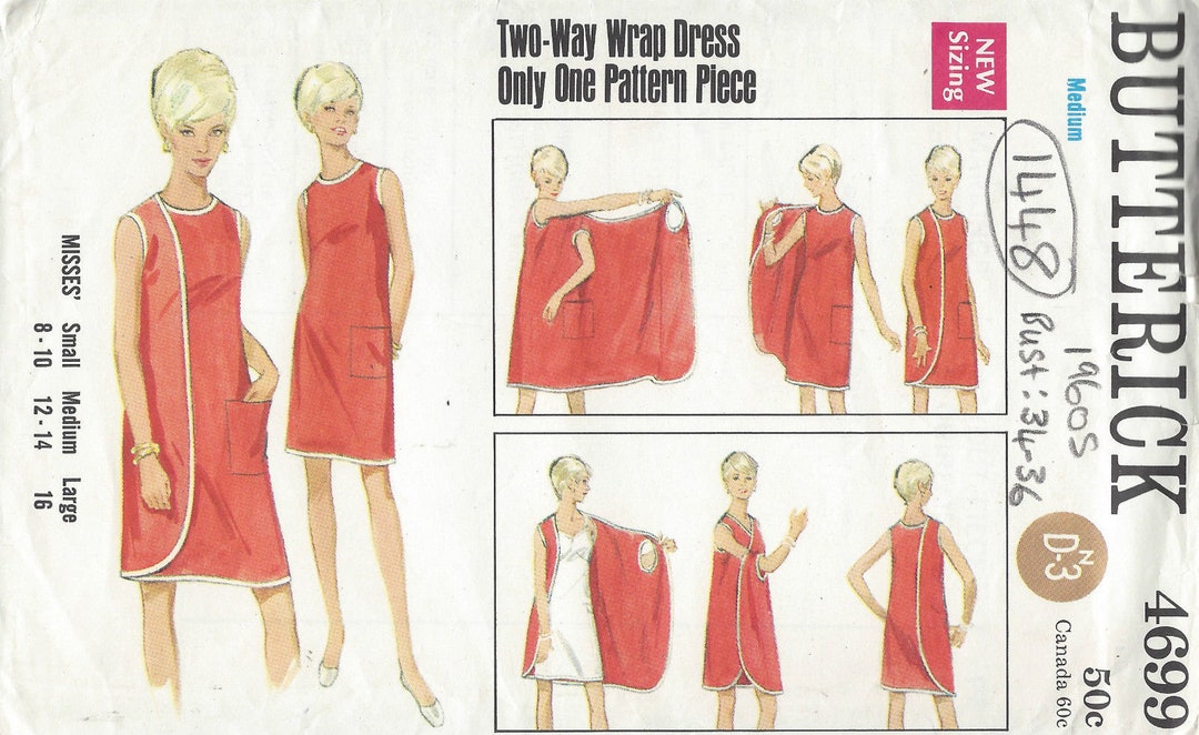 1960s Vintage Sewing Pattern B34"- 36" WRAP DRESS MEDIUM (1448 ...