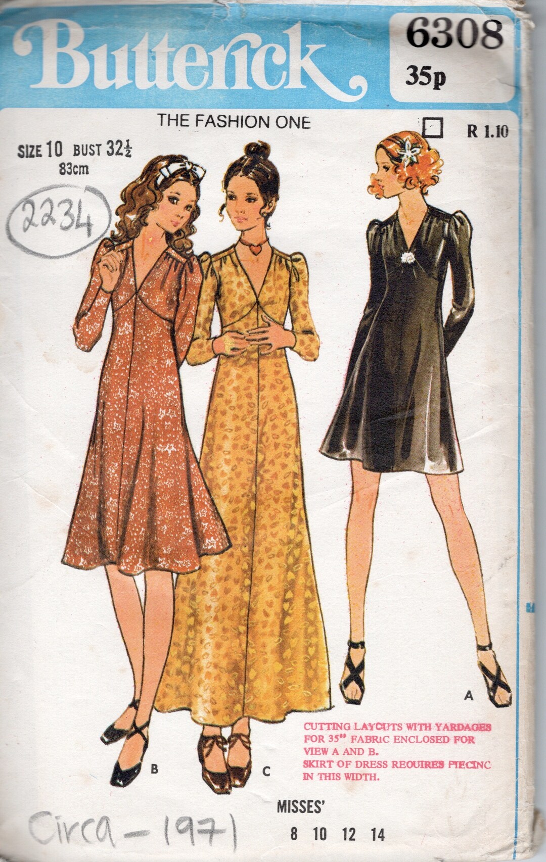 1971 Vintage Sewing Pattern B32 1/2″ DRESS (2234) Butterick 6308 - Etsy