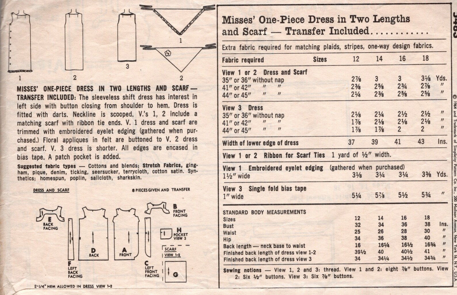 1964 Vintage Sewing Pattern B34in DRESS & SCARF 2025 Simplicity 5483 - Etsy