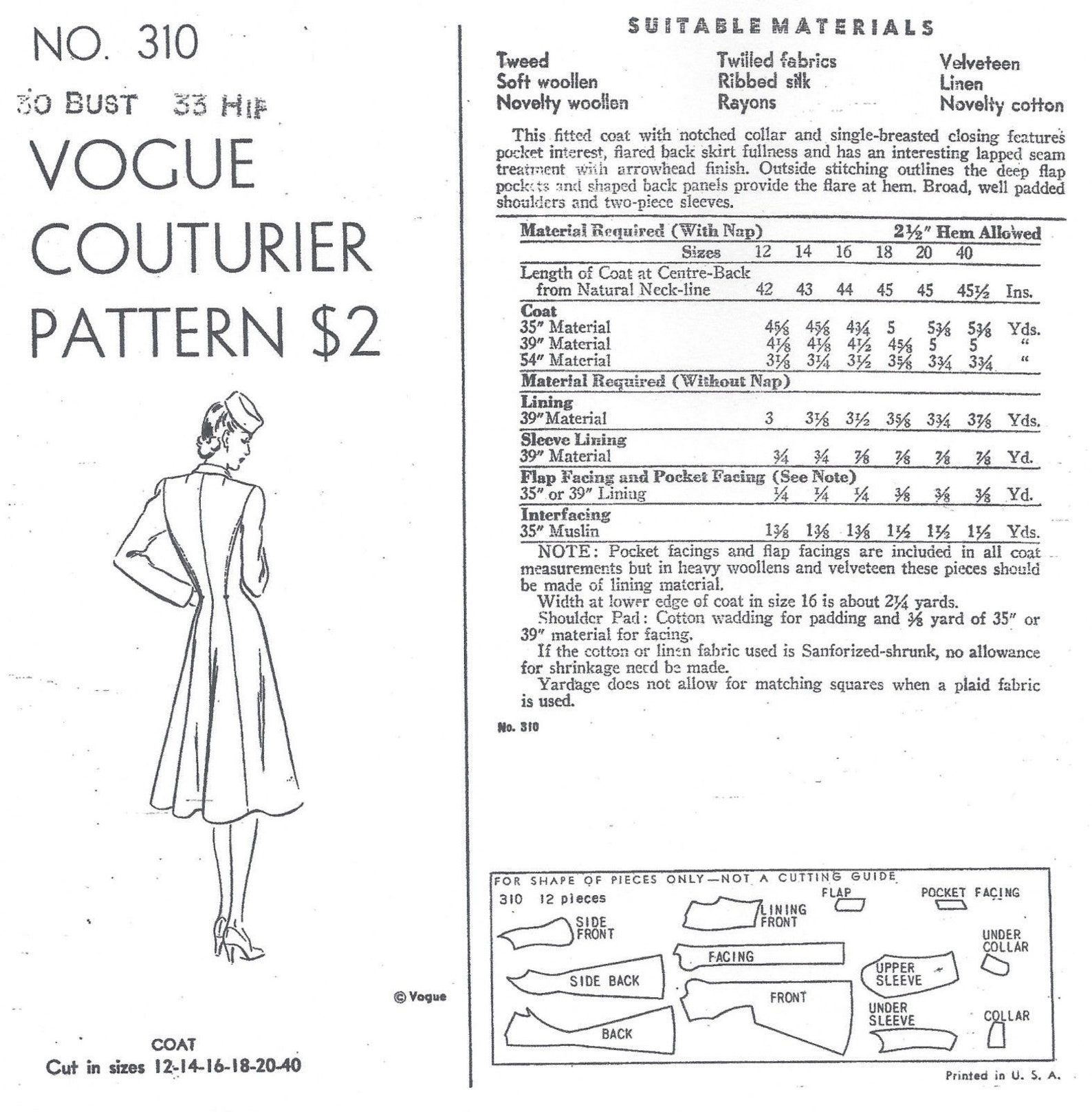 1943 WW2 Vintage VOGUE Sewing Pattern B30in COAT (1131) Vogue 310 - Etsy