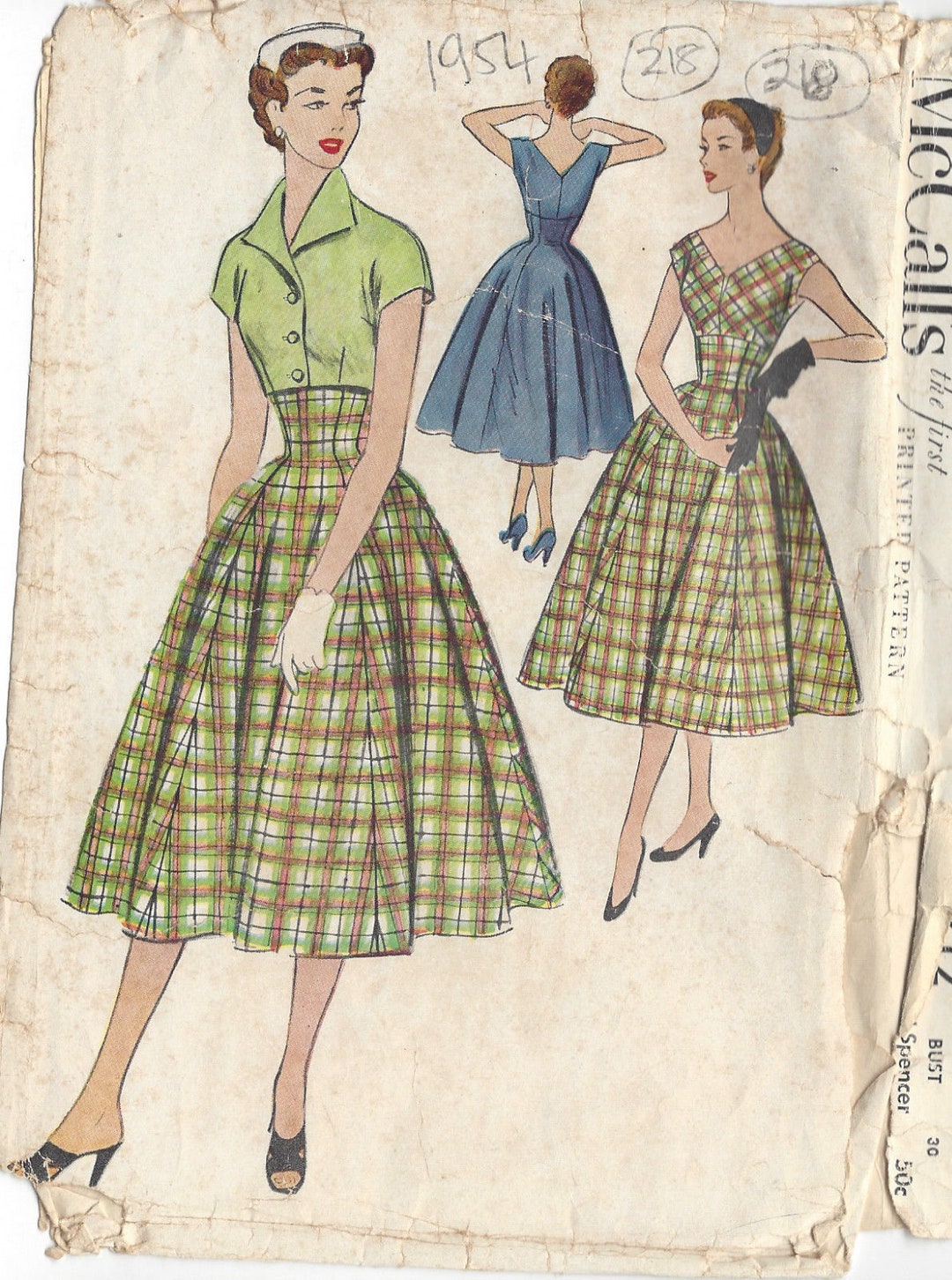 1954 Vintage Sewing Pattern B30" DRESS & JACKET/SPENCER (218) Mccall's ...