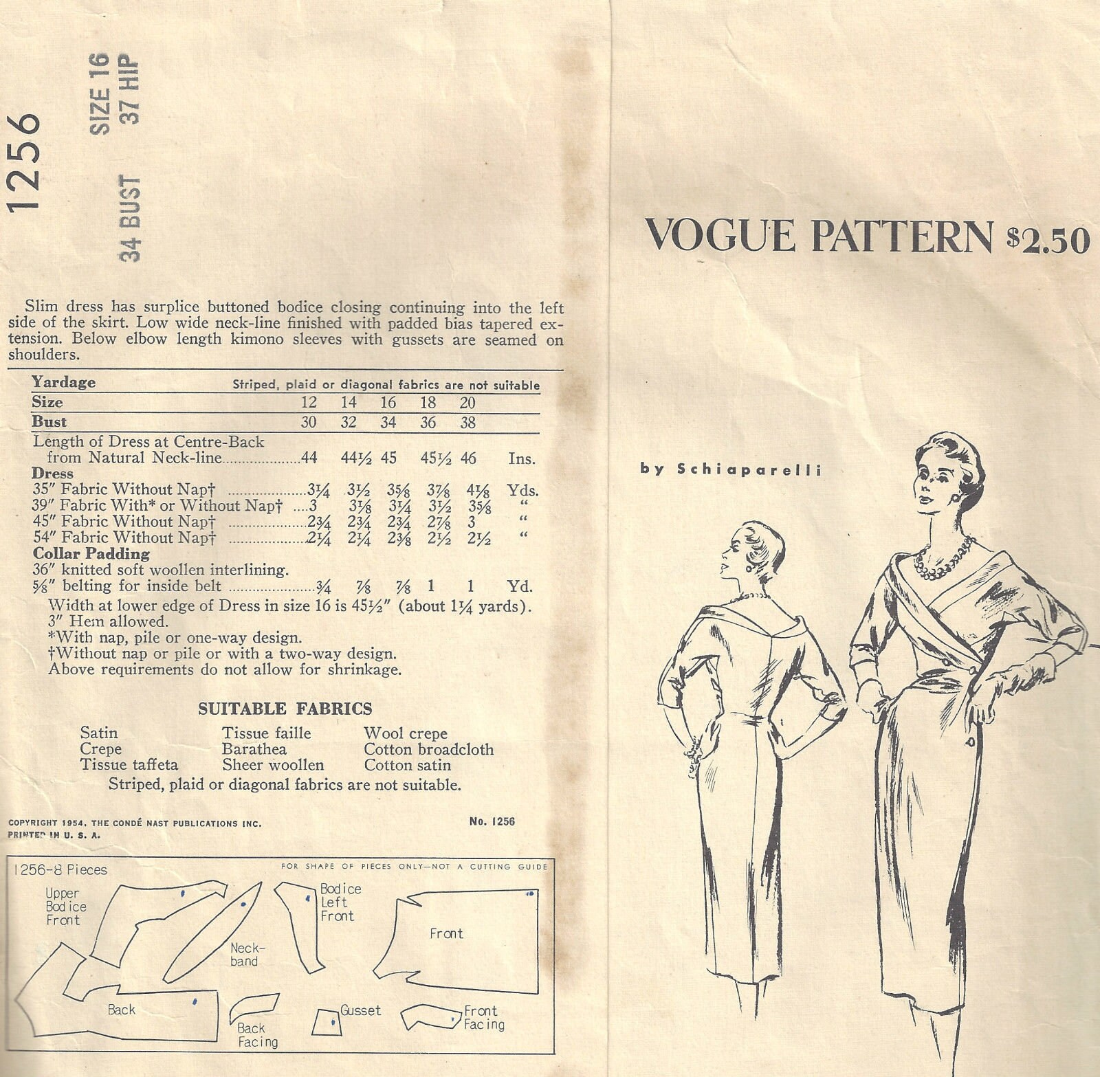 1954 Vintage VOGUE Sewing Pattern DRESS B34 (1649) by Schiaparelli ...
