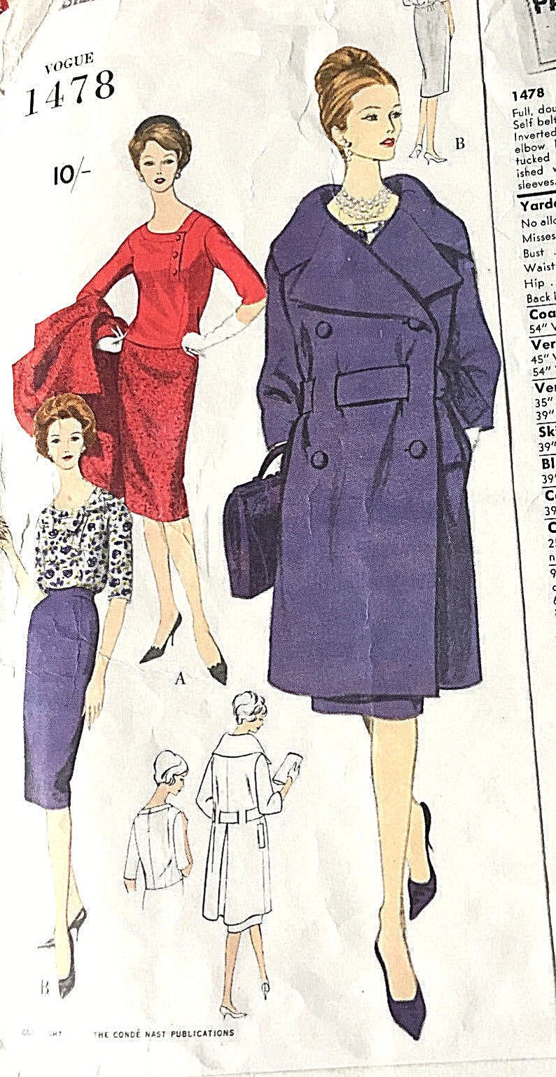 1960 Vintage VOGUE Sewing Pattern B36 Coat Skirt & Blouse (1837) by ...
