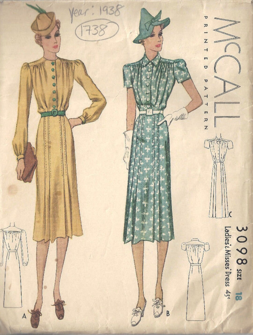 1938 Vintage Sewing Pattern B36" DRESS (1738) Mccall 3098 - Etsy