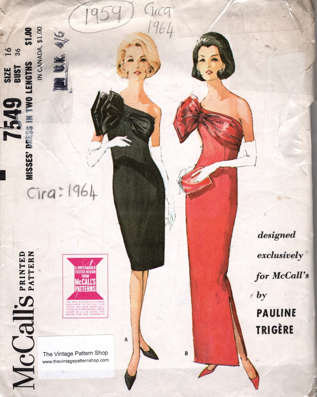 1964 Vintage Sewing Pattern B36″ DRESS (1959) Mccall’s 7549 by Pauline ...