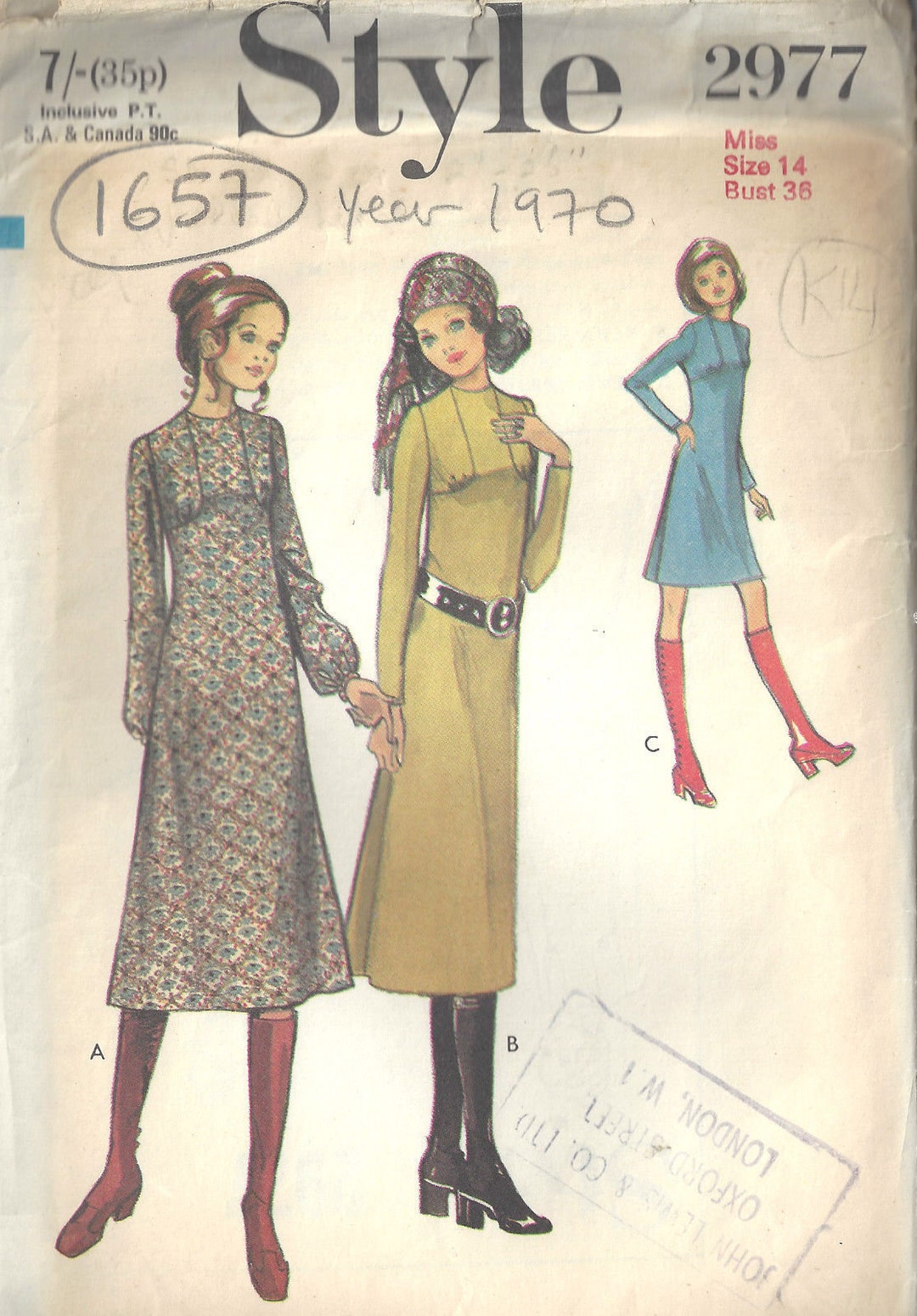 1970 Vintage Sewing Pattern B36" DRESS (1657) STYLE 2977 - Etsy