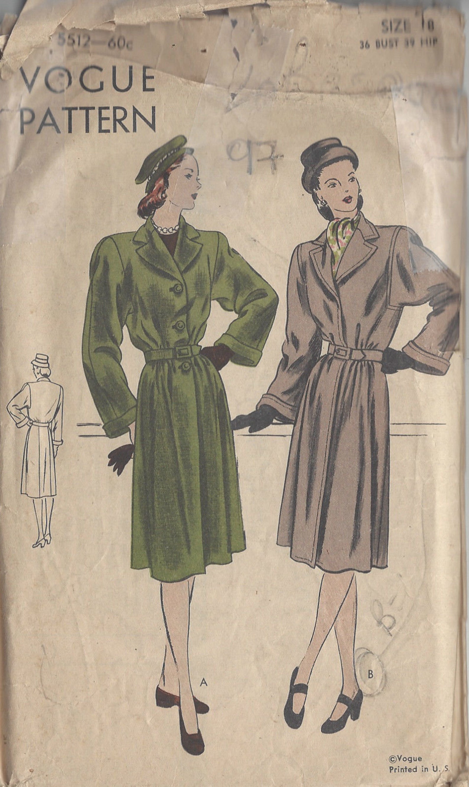 1940s WW11 Vintage VOGUE Sewing Pattern B36" COAT (97) Vogue 5512 - Etsy
