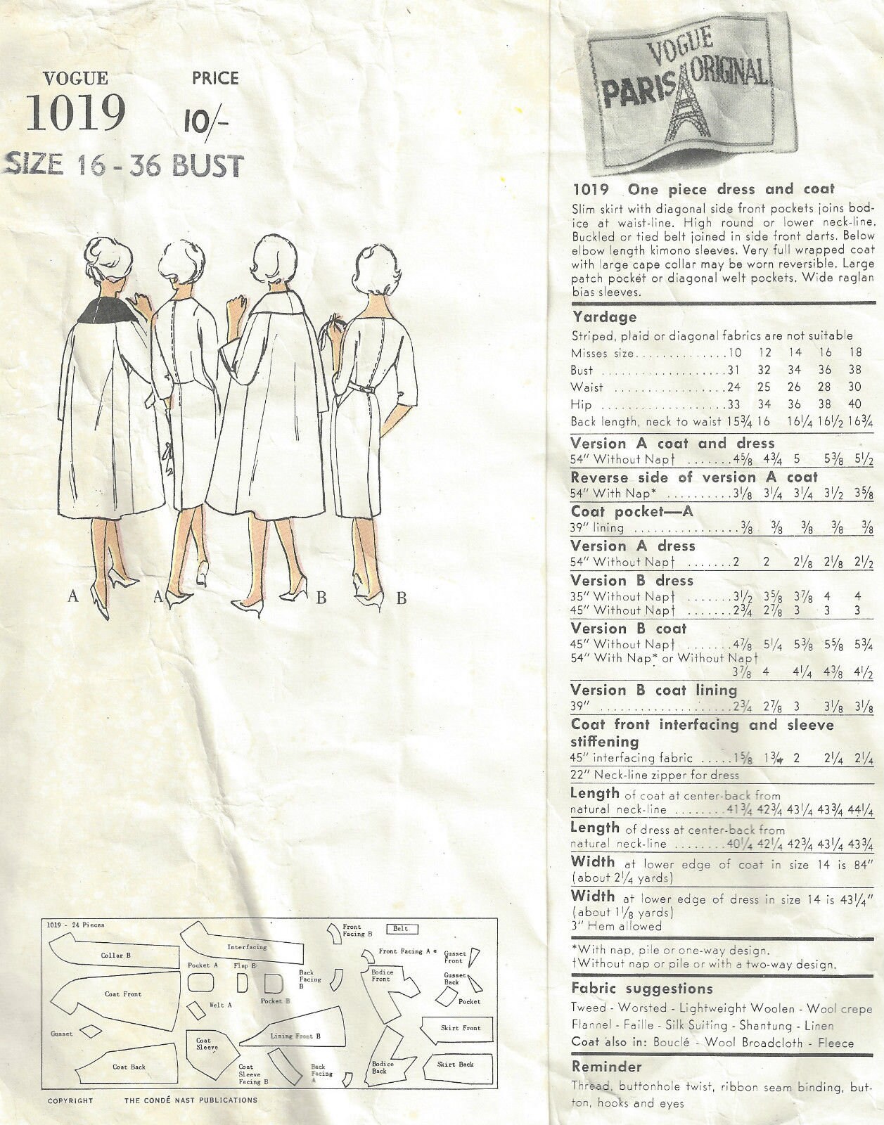 1961 Vintage VOGUE Sewing Pattern B36 COAT & DRESS (1244) by Jacques ...