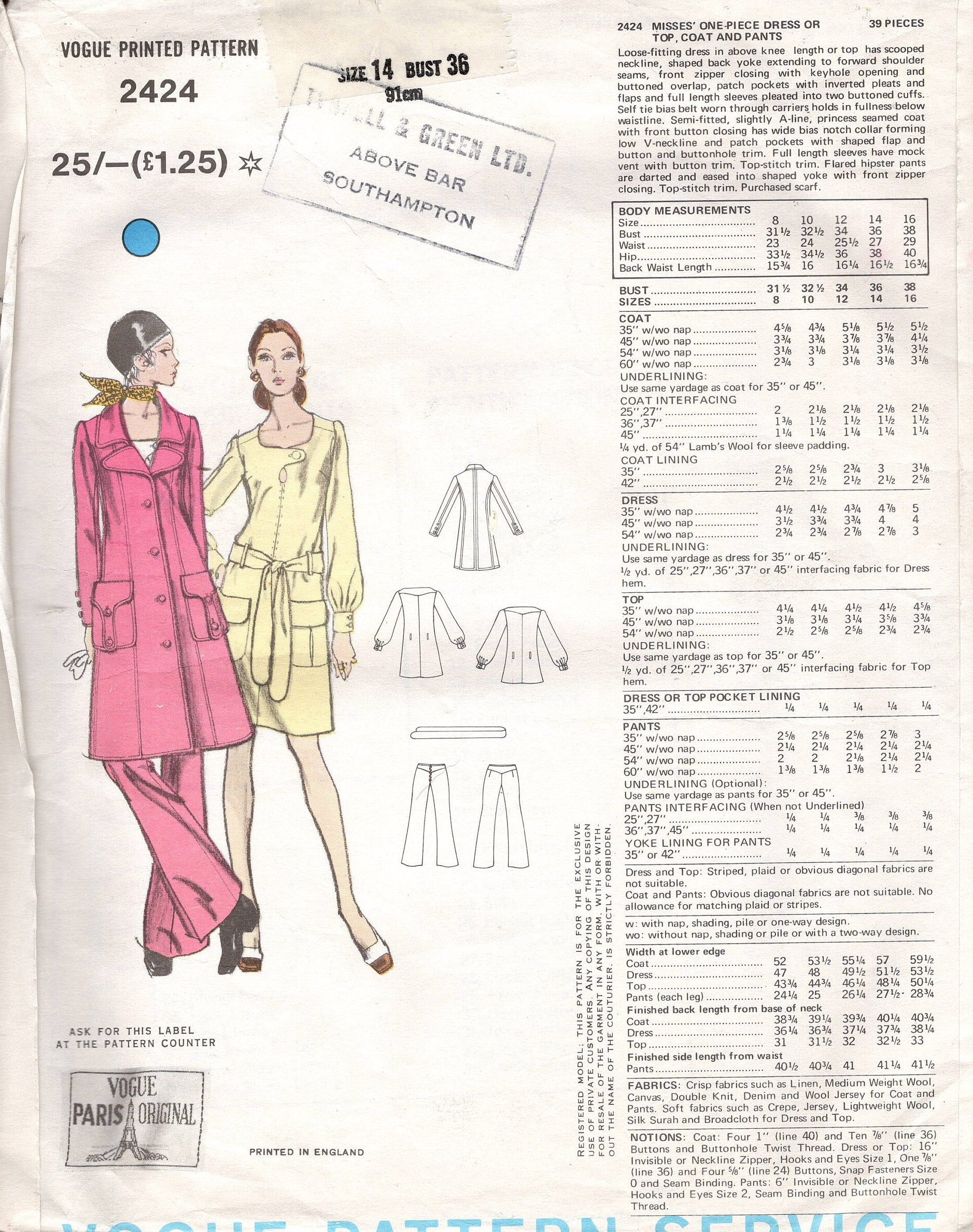 1970 Vintage VOGUE Sewing Pattern B36" Dress, Coat, Top, Hipster Pants ...