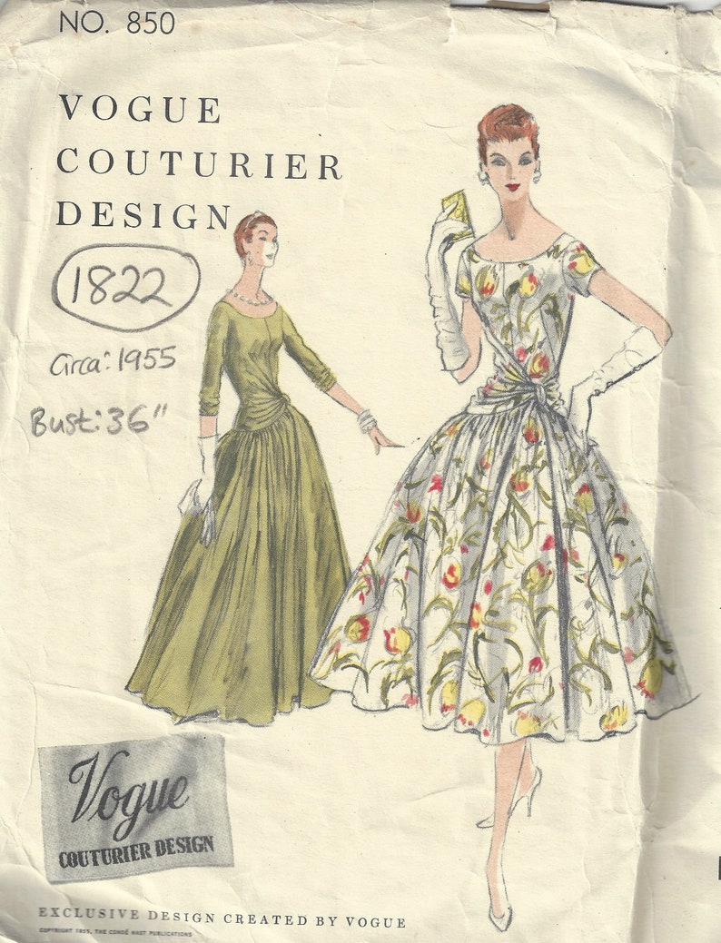 1955 Vintage VOGUE Sewing Pattern B36" ONE-PIECE Dress (1822) Vogue 850 ...