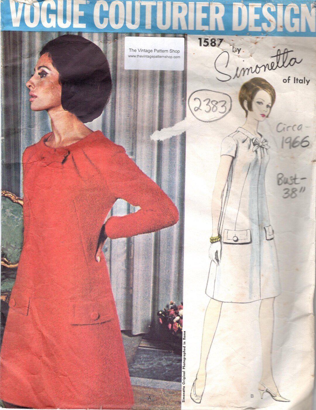 1966 Vintage VOGUE Sewing Pattern B38" DRESS (2383) Simonetta of Italy ...