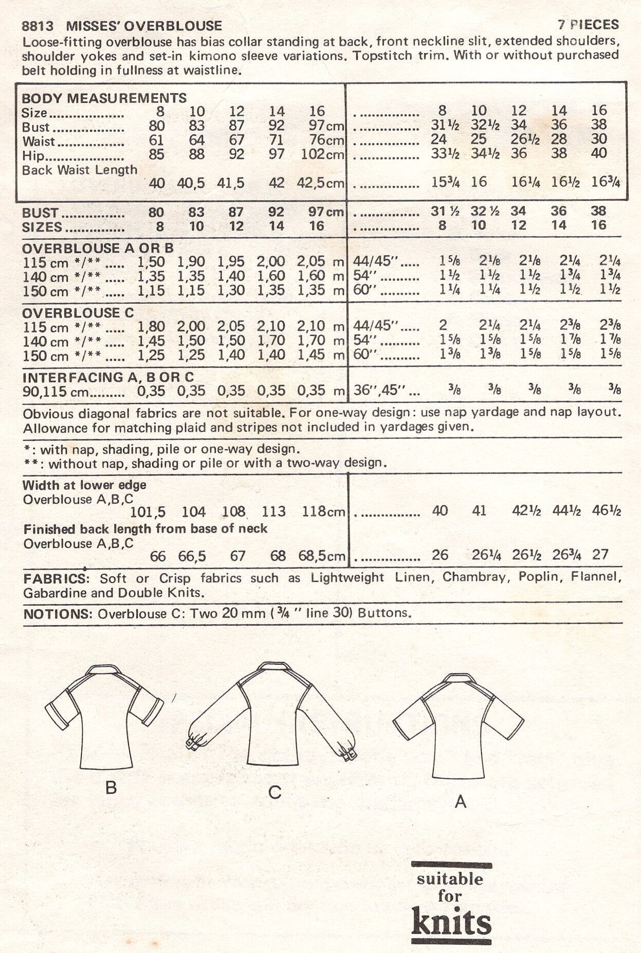 1974 Vintage VOGUE Sewing Pattern B38″ OVERBLOUSE (R281) by VOGUE 8813 ...