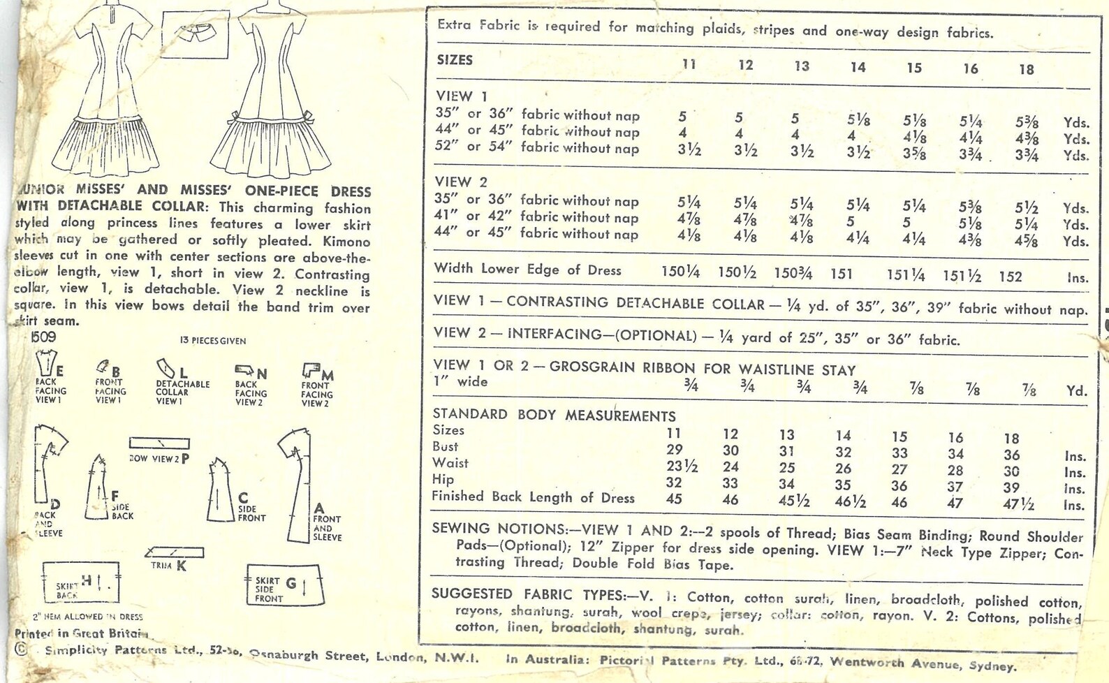 1956 Vintage Sewing Pattern B36 DRESS 1096 Simplicity 1509 - Etsy