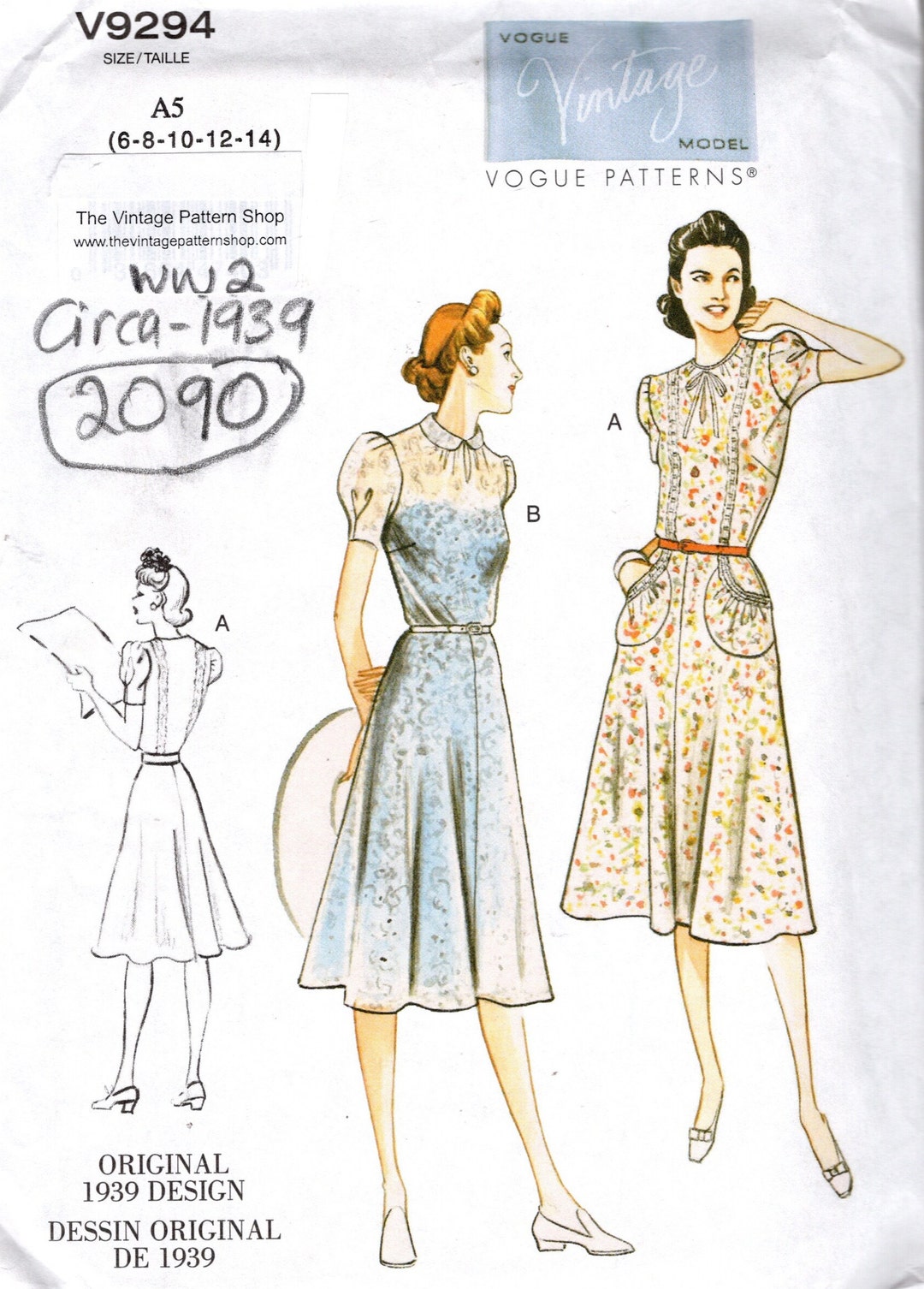 1939 WW2 VOGUE Vintage Sewing Pattern B30.5 - 31.5 - 32.5 - 34 ...