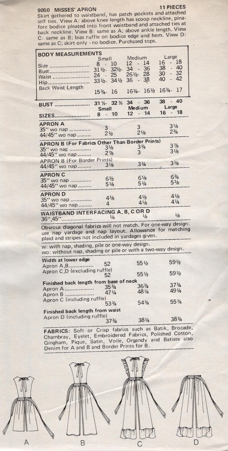 1974 Vintage VOGUE Sewing Pattern Bust 34-36in Apron Medium (2145 ...