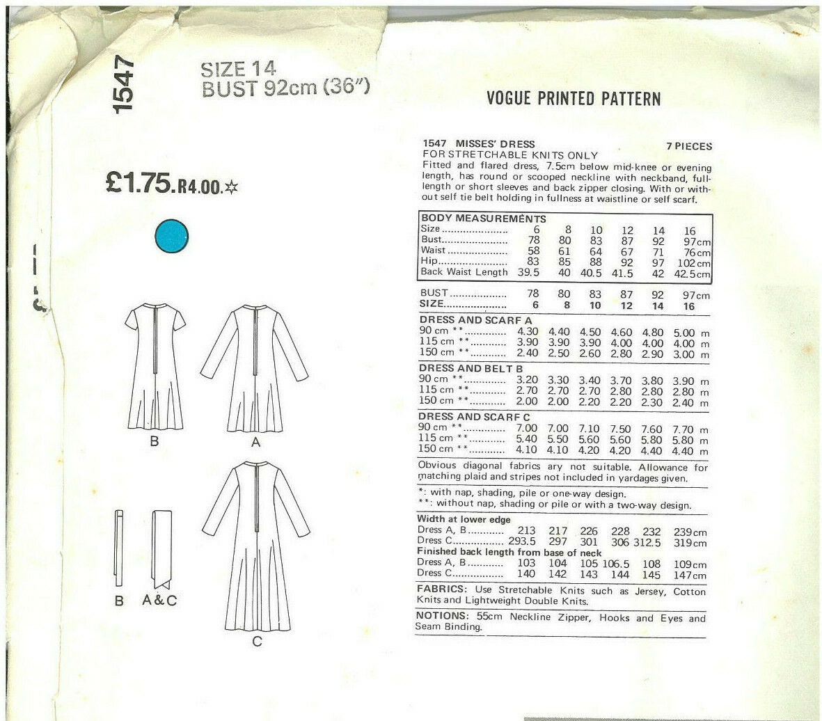 1976 Vintage VOGUE Sewing Pattern DRESS B36 1892 by Diane Von ...