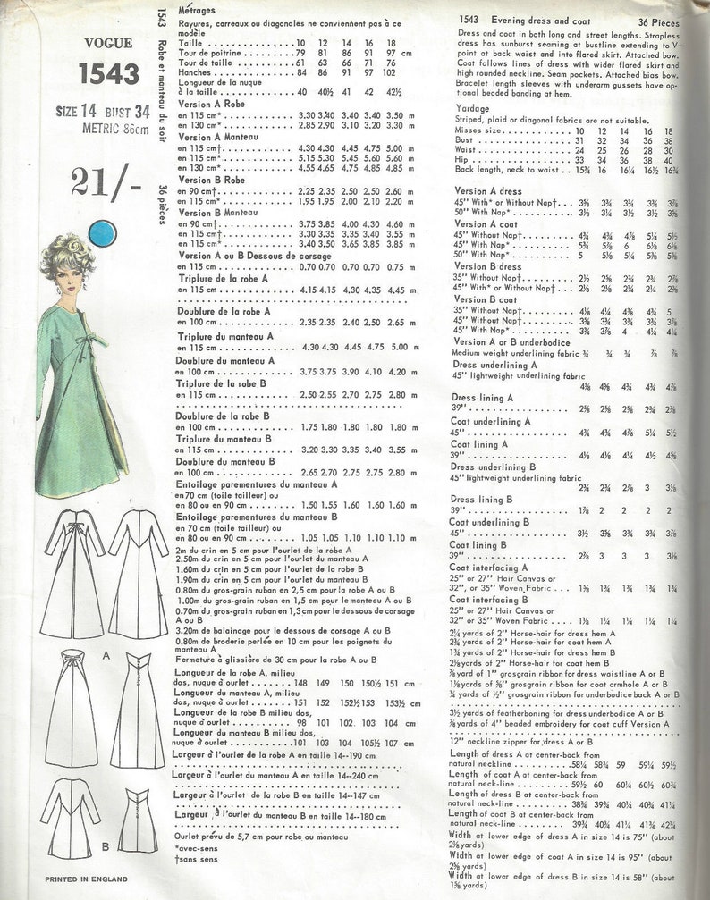 1965 Vintage VOGUE Sewing Pattern B34 EVENING DRESS & Coat - Etsy