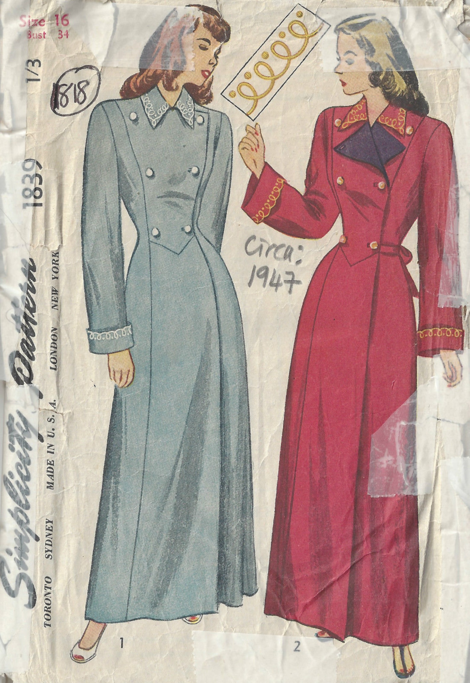 1947 Vintage Sewing Pattern B36 HOUSE COAT 1818 Simplicity - Etsy UK