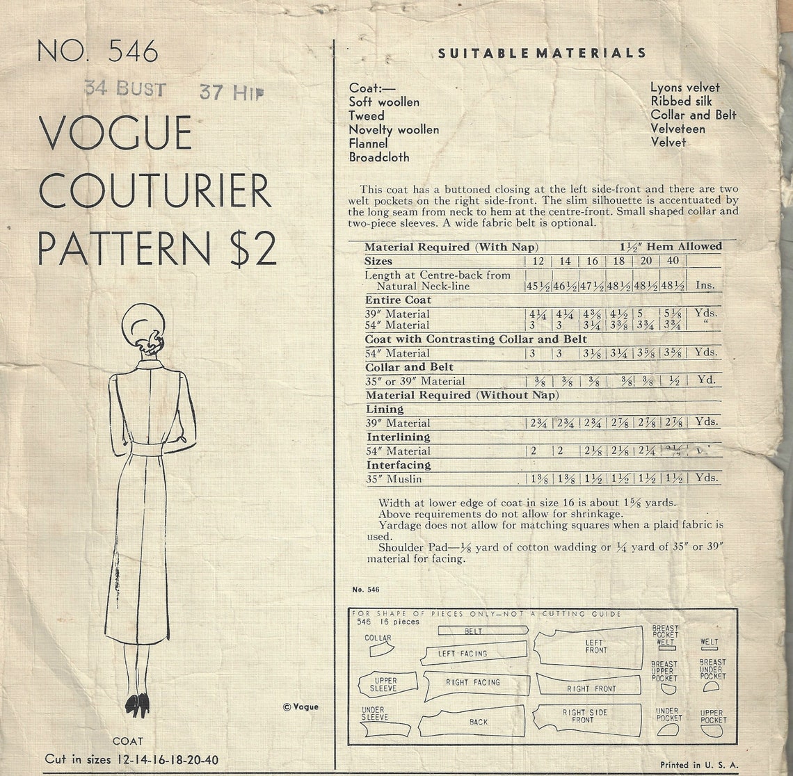 1940 WW2 Vintage VOGUE Sewing Pattern B34 COAT 1609 Vogue - Etsy