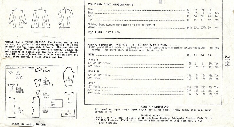 1947 Vintage Sewing Pattern B32″ BLOUSE (1219) Simplicity 2144 - Etsy