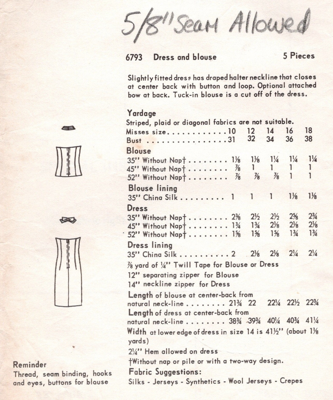 1966 Vintage VOGUE Sewing Pattern B32 Dress & Blouse (2061) VOGUE 6793 ...