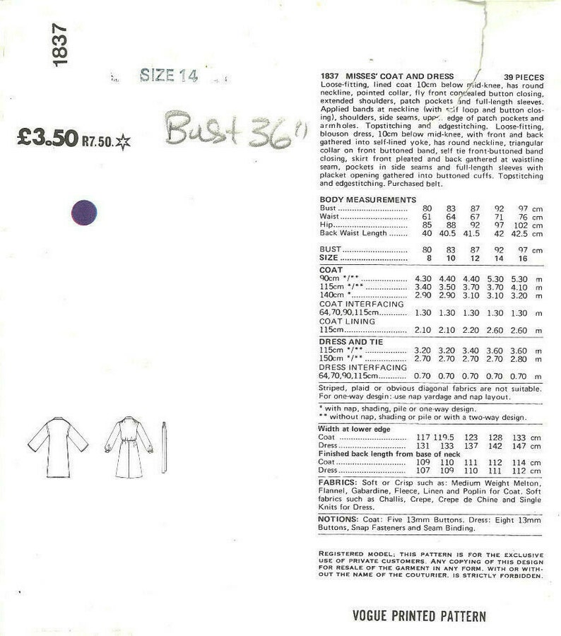 1979 Vintage VOGUE Sewing Pattern B36 COAT & DRESS 1901 by - Etsy