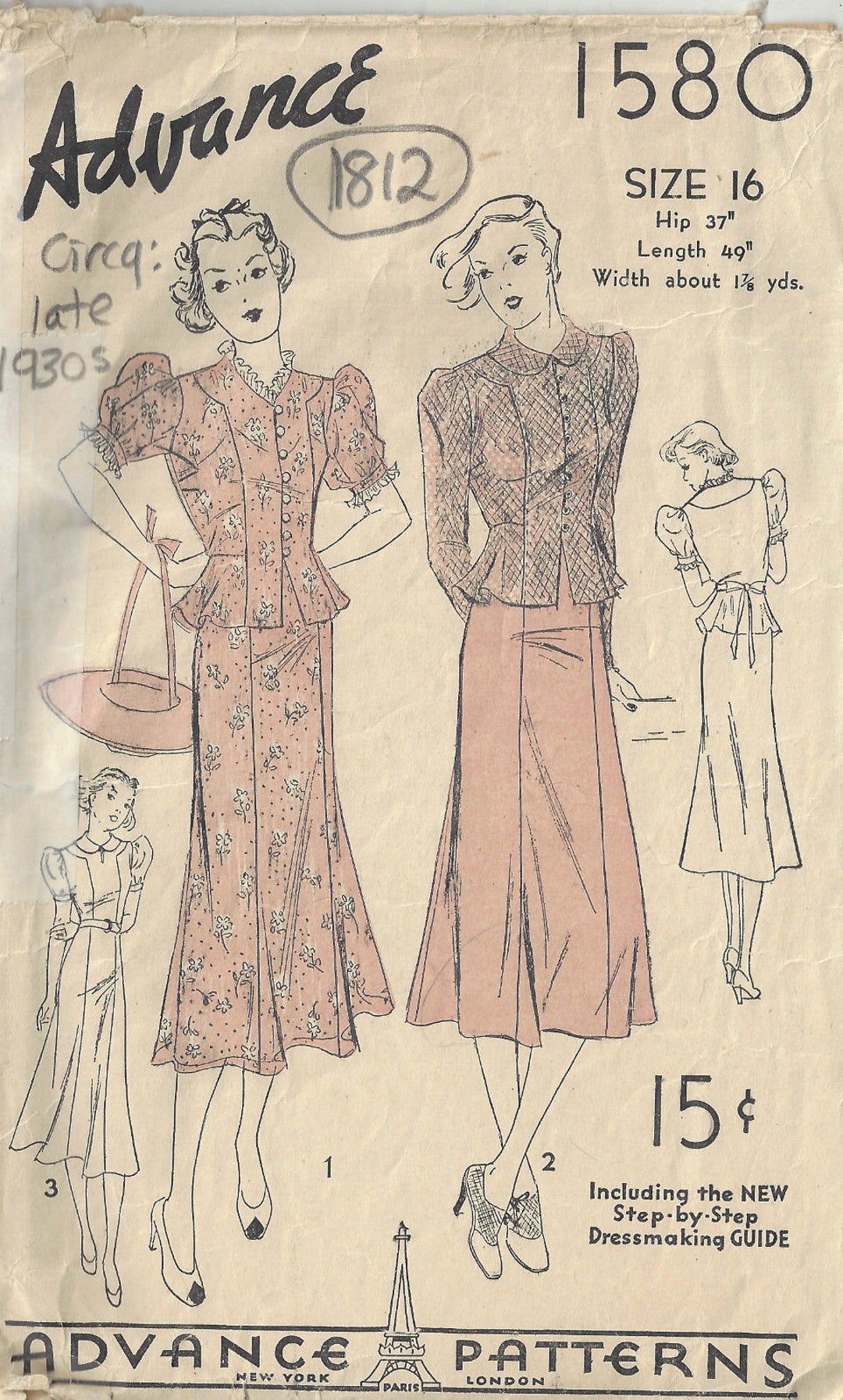 1930s Vintage Sewing Pattern B34" TWO-PIECE DRESS (1812R) Advance 1580 ...
