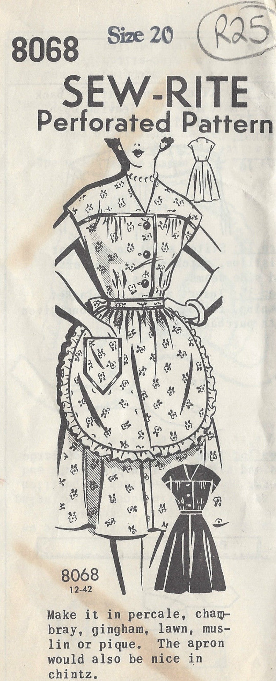 1950s Vintage Sewing Pattern DRESS & APRON B38" (R25R) by Sew-rite 8068 ...