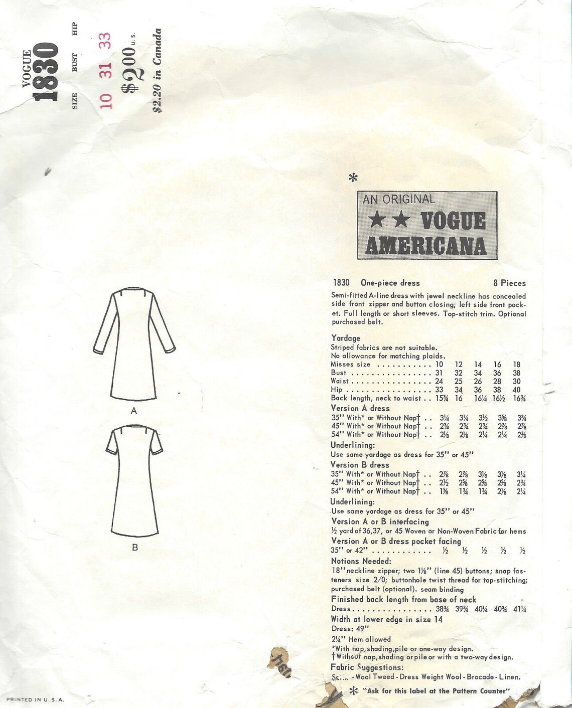 1967 Vintage VOGUE Sewing Pattern DRESS B31 (1423) by Bill Blass Vogue ...