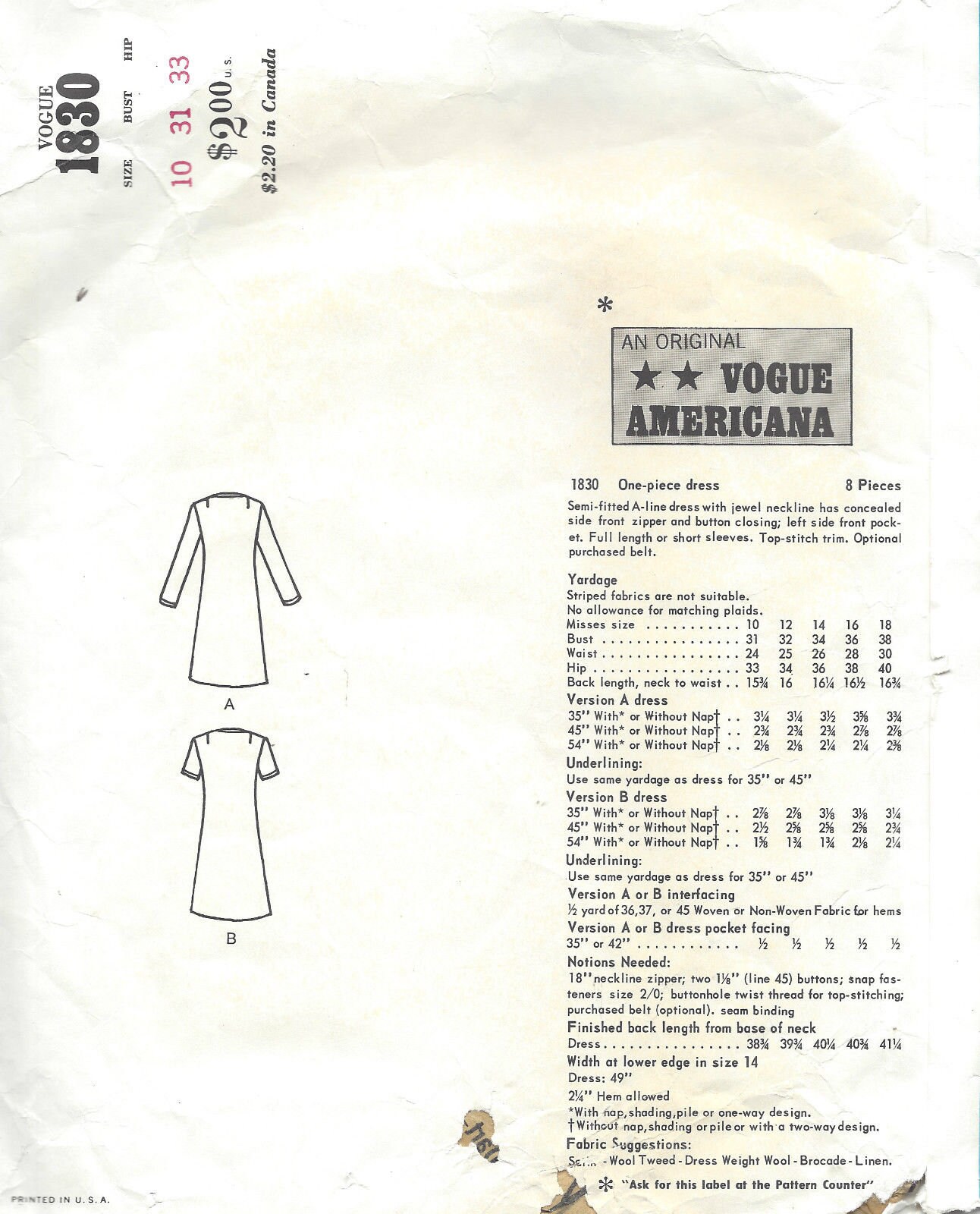 1967 Vintage VOGUE Sewing Pattern DRESS B31 (1423) by Bill Blass Vogue ...