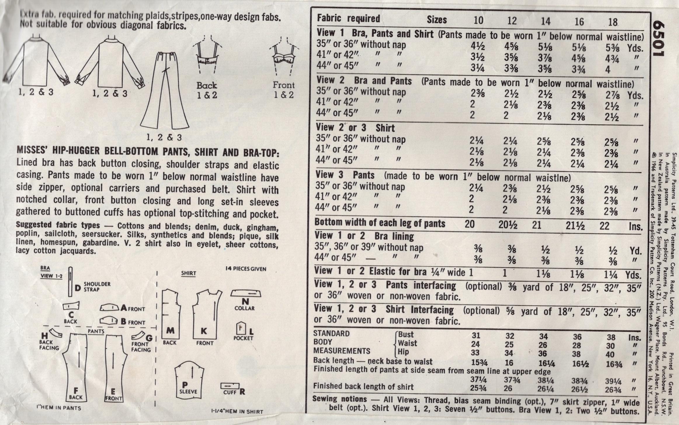 1966 Vintage Sewing Pattern Bell-bottom Pants, Shirt, Bra-top B34in ...