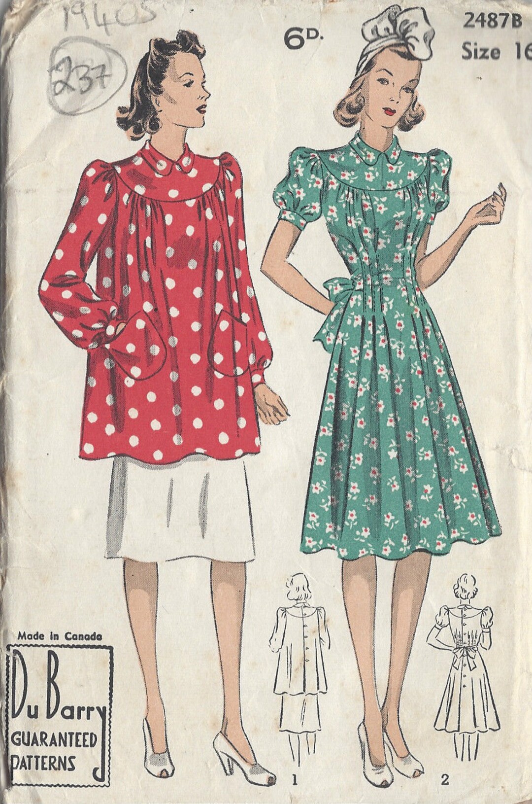 1940s WW2 Vintage Sewing Pattern B34in DRESS & SMOCK (237) by Du Barry ...