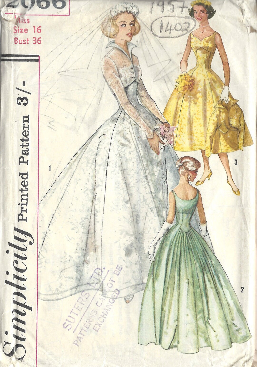 1957 Vintage Sewing Pattern B36 Bride Bridemaids EVENING DRESS & JACKET ...