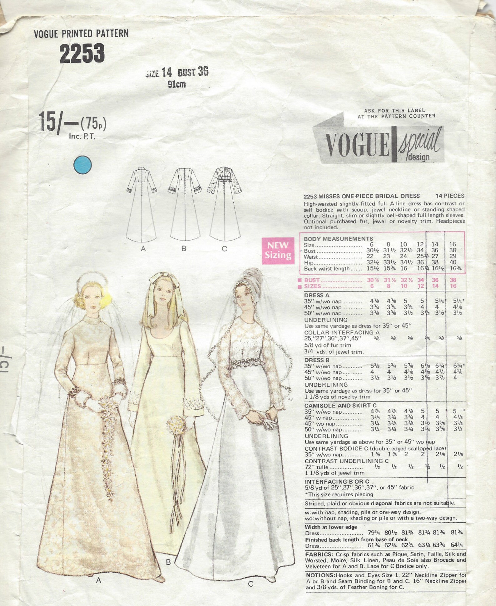 1970 Vintage VOGUE Sewing Pattern WEDDING BRIDAL Dress B36 (1495) Vogue ...