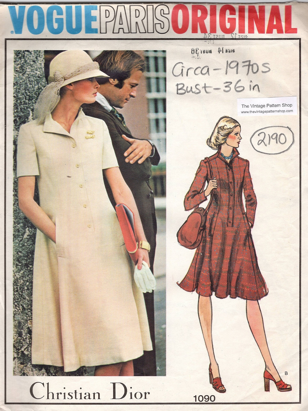 1970s Vintage VOGUE Sewing Pattern B36" DRESS (2190) by Christian Dior ...