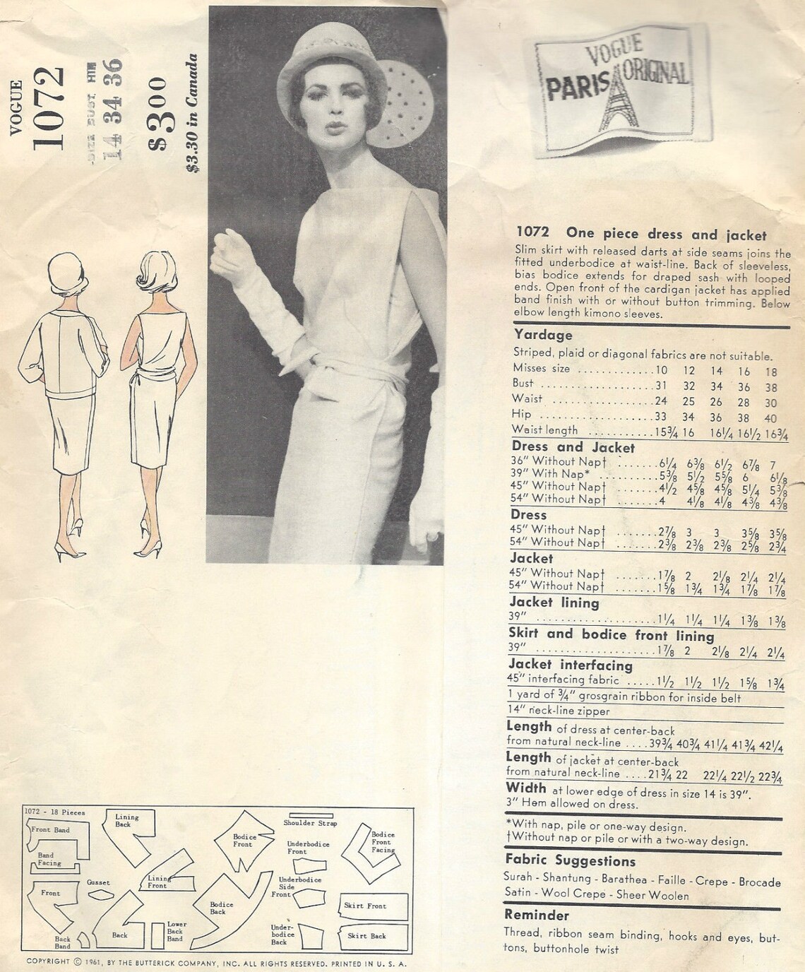 1961 Vintage VOGUE Sewing Pattern B34 Dress & JACKET (1399) BY Jean ...