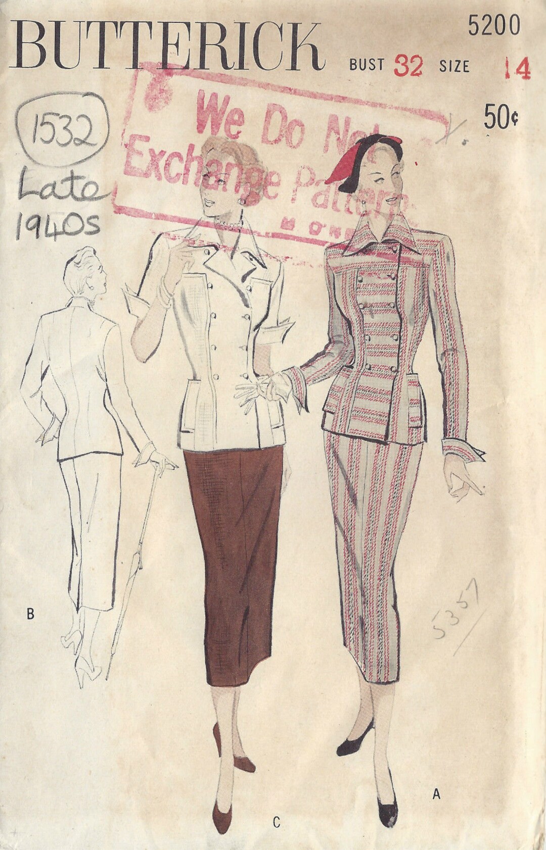 1940s Vintage Sewing Pattern B32 TWO-PIECE DRESS (1532) Butterick 5200 ...
